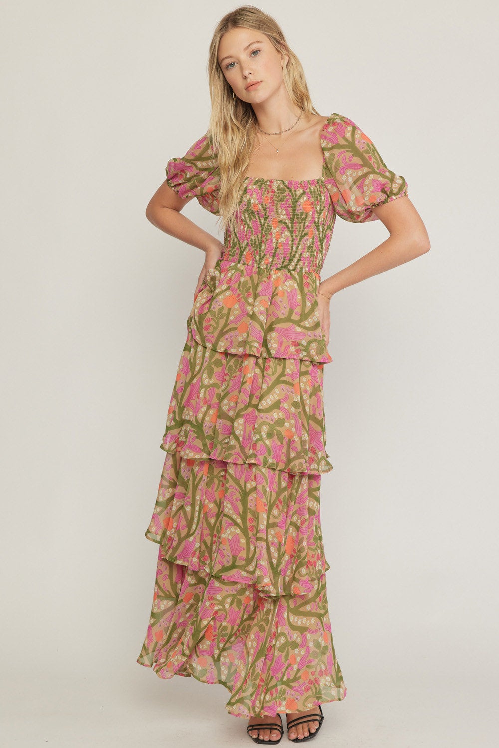 TAUPE FLORAL SQ NECK PUFF SL TIER MAXI | THE B HIVE BOUTIQUE